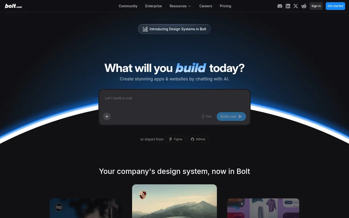 Bolt.new landing page — StackBlitz AI app builder with WebContainers running full Node.js in the browser