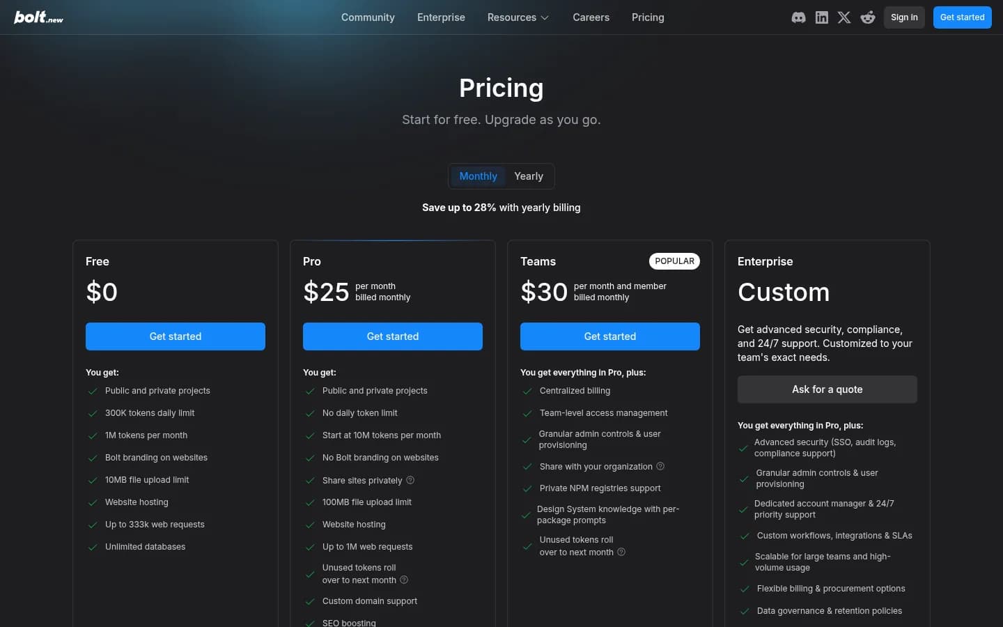 Bolt pricing page — Free, Pro at $25/month, and Teams at $30/user/month