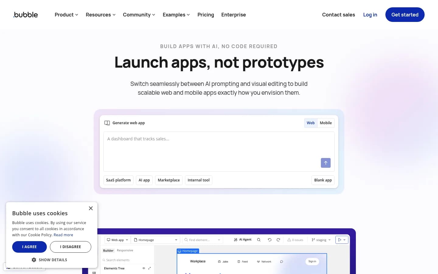 Bubble landing page — the most powerful no-code platform for building web applications visually