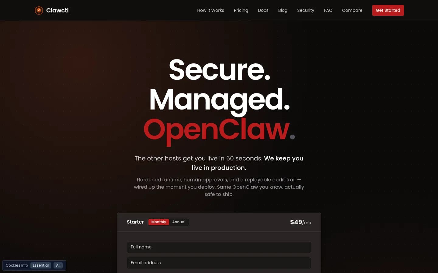 clawctl.com landing page — BYOK OpenClaw managed hosting with full configuration flexibility for power users