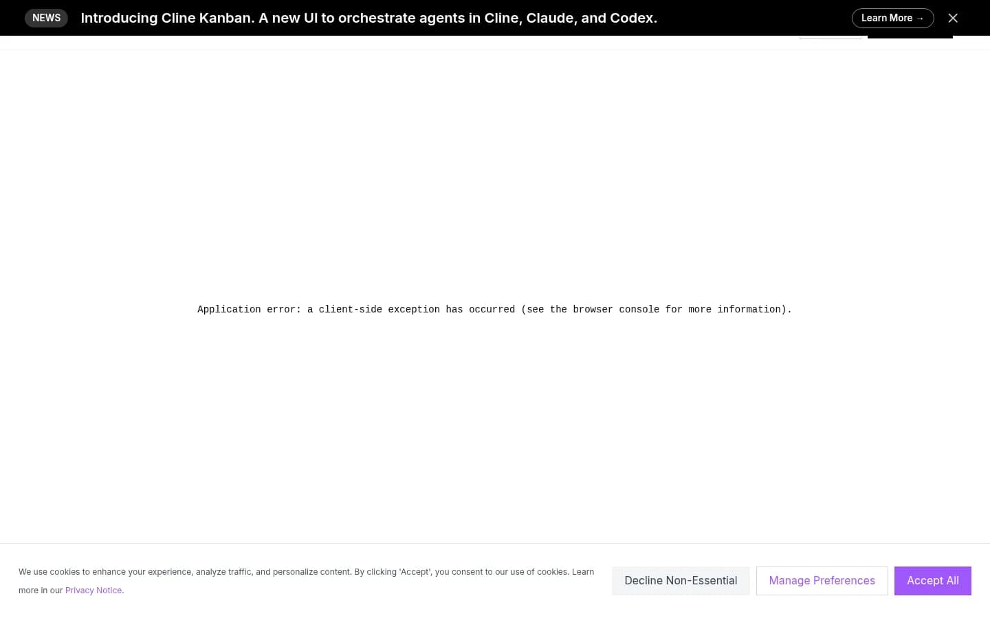 Cline landing page — free open-source AI coding agent as a VS Code extension with BYO model support