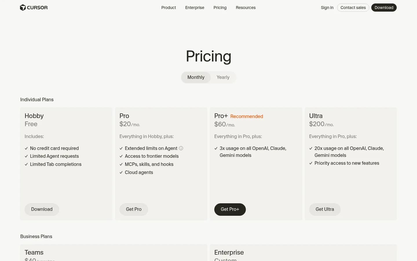 Cursor pricing page — Hobby, Pro, Pro+, Ultra tiers