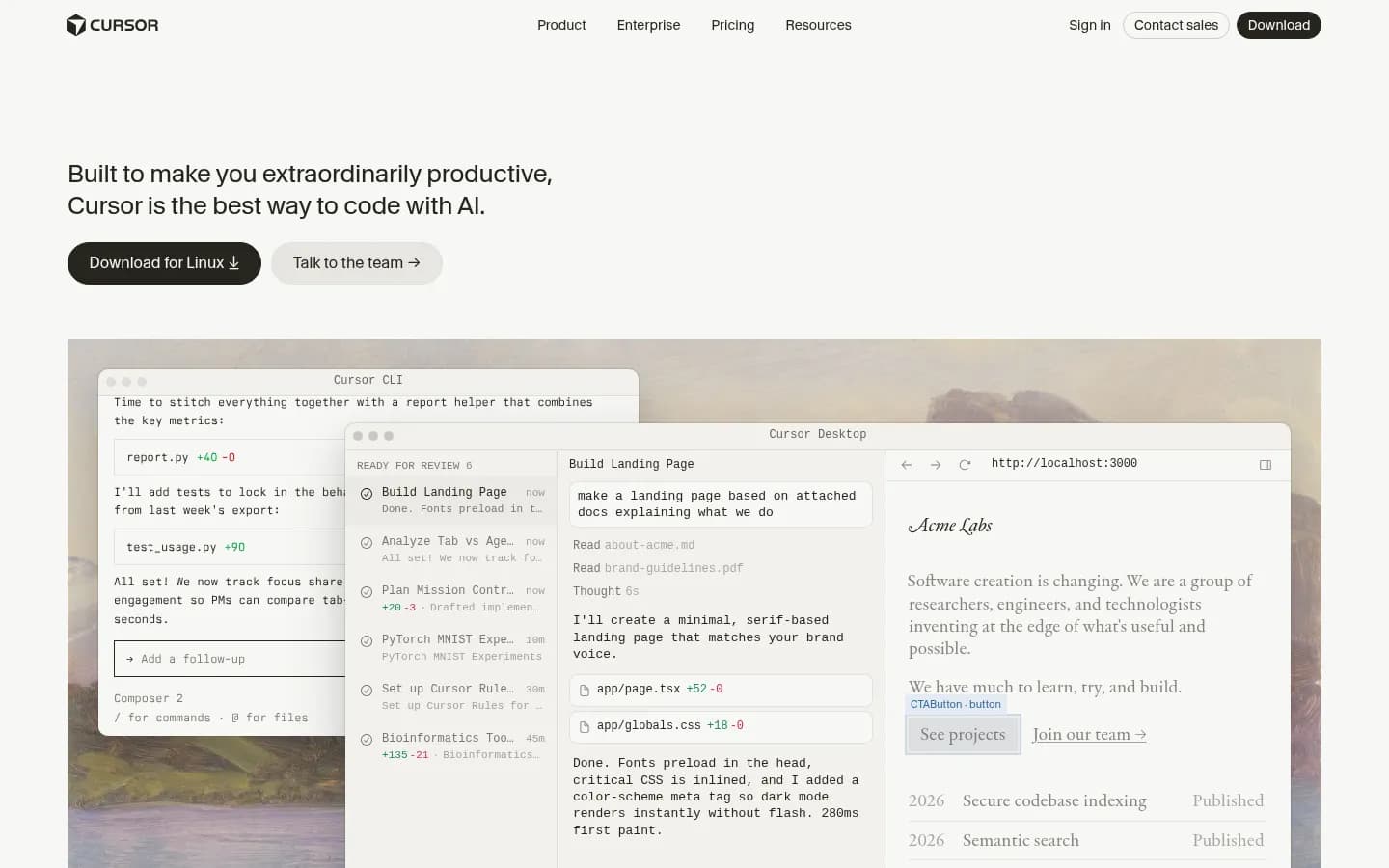 Cursor landing page — AI-first VS Code fork with deep codebase indexing and multi-file agent edits