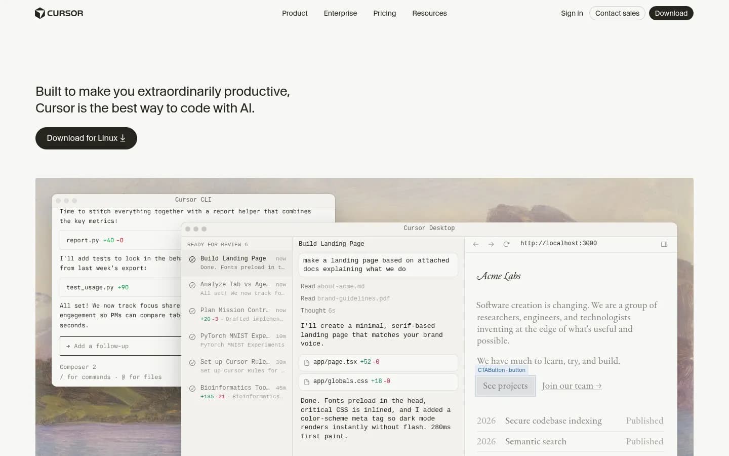 Cursor landing page — AI-first VS Code fork with multi-file agent edits and Claude Opus 4.6 access