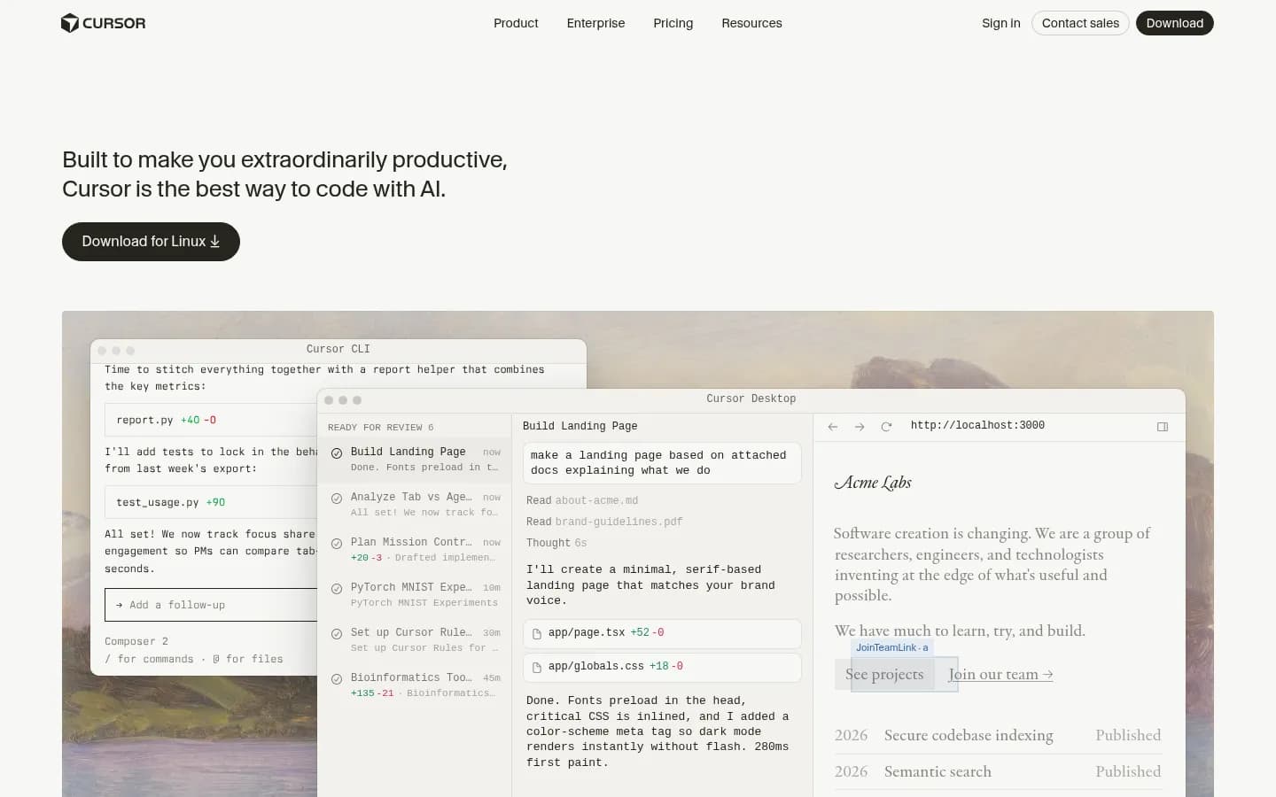 Cursor landing page — AI-first code editor with desktop app and multi-file agent edits