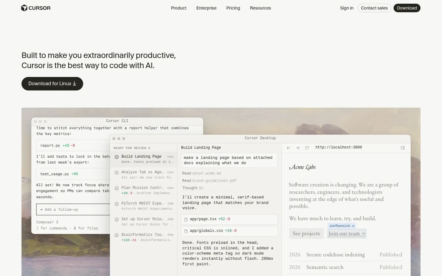 Cursor landing page — the most popular AI code editor with 40M+ users and best-in-class inline AI