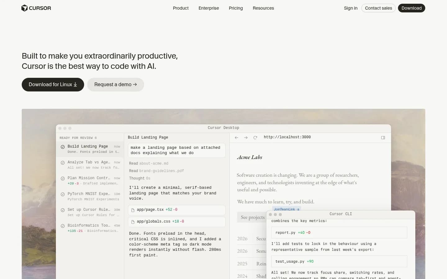 Cursor landing page — AI code editor with 40M+ users and inline AI completions