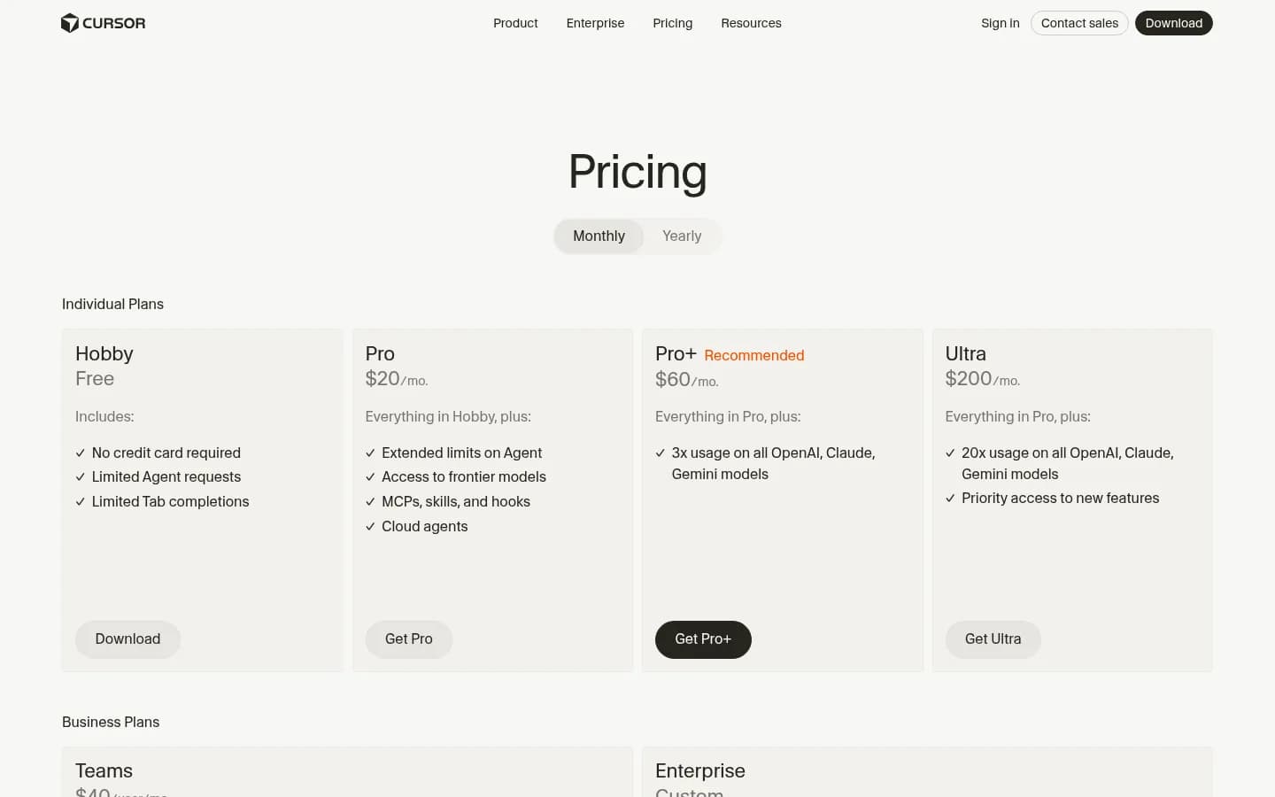 Cursor pricing page — Free / Pro $20 / Pro+ $60 / Ultra $200 per month