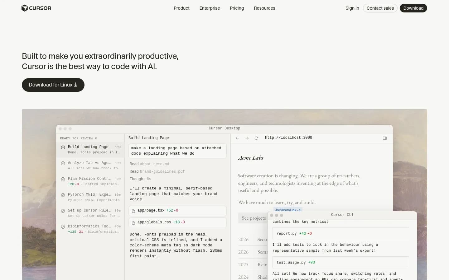 Cursor landing page — AI-powered code editor for developers