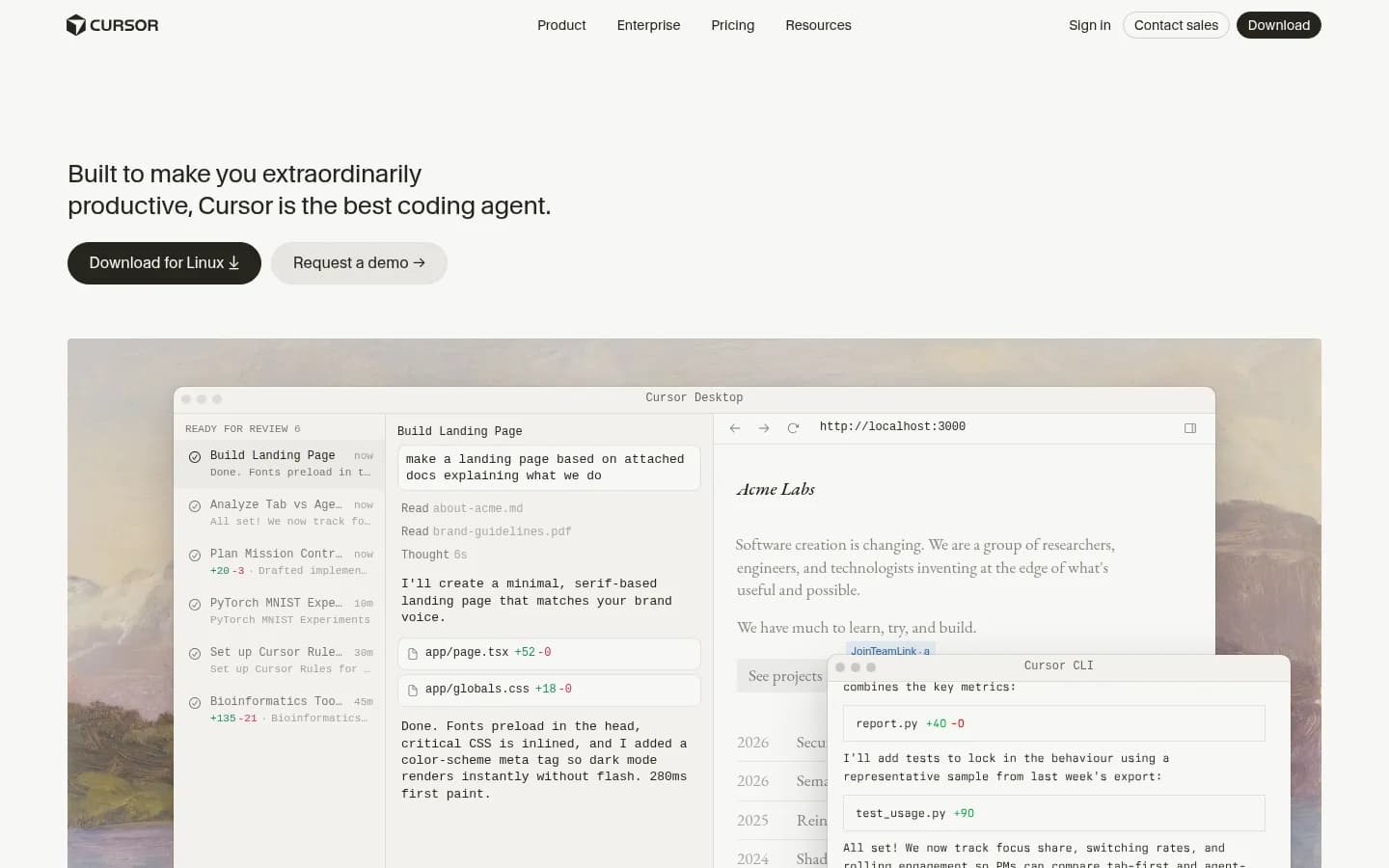 Cursor landing page — AI-powered code editor (VS Code fork) for developers working on existing codebases