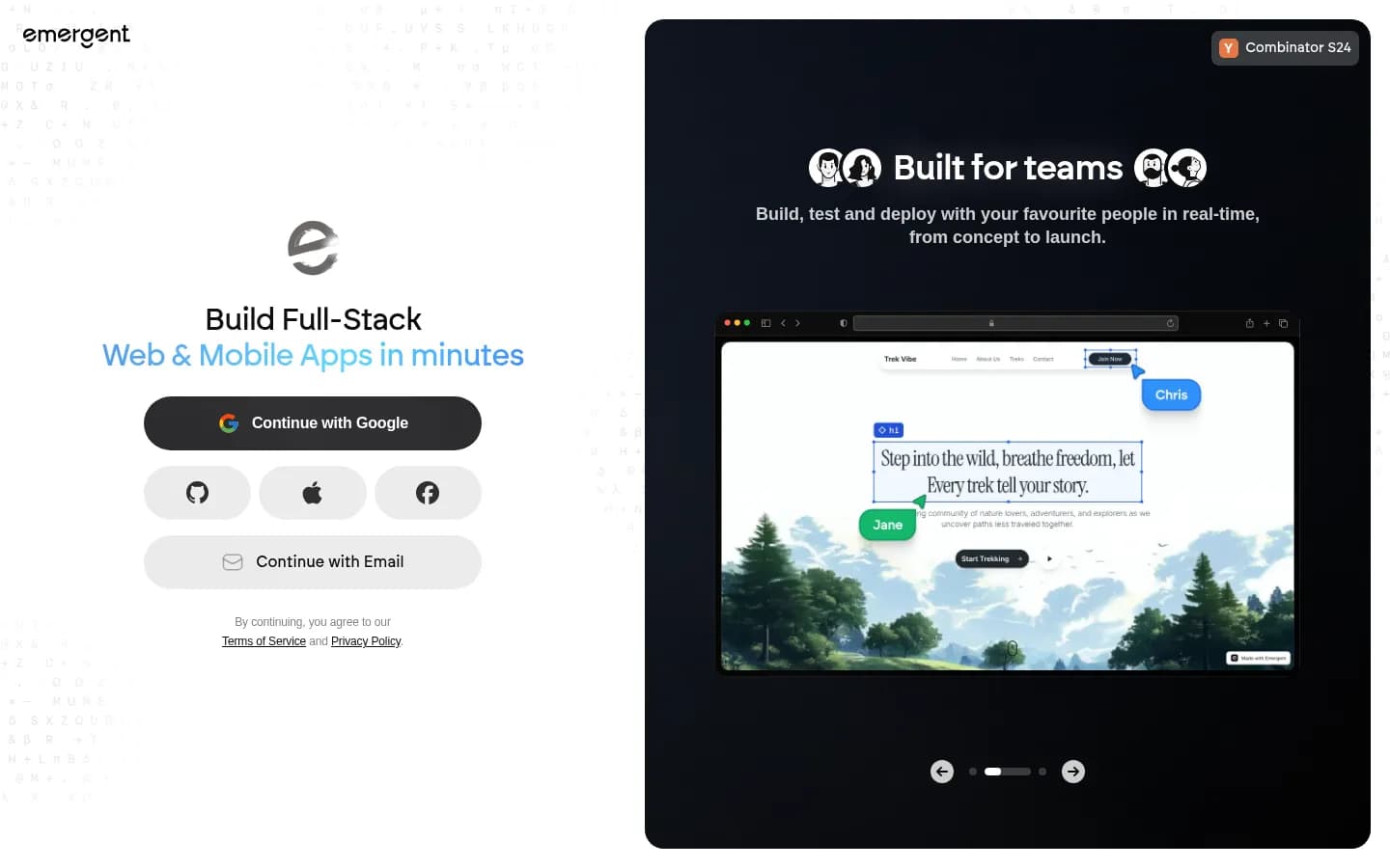 Emergent landing page — AI-powered full-stack app builder