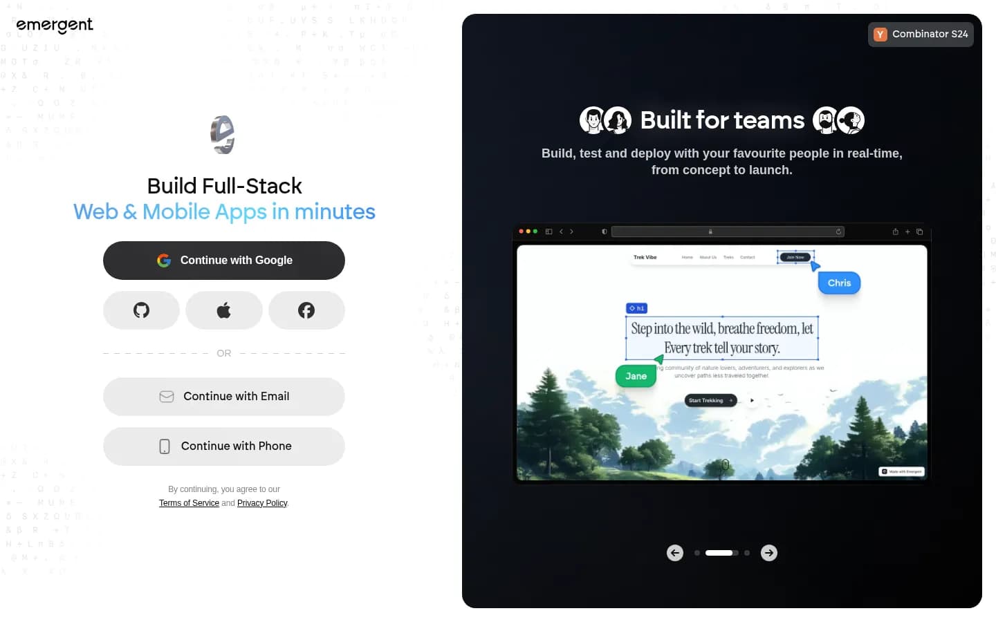 Emergent landing page — AI app builder for founders with 3M users
