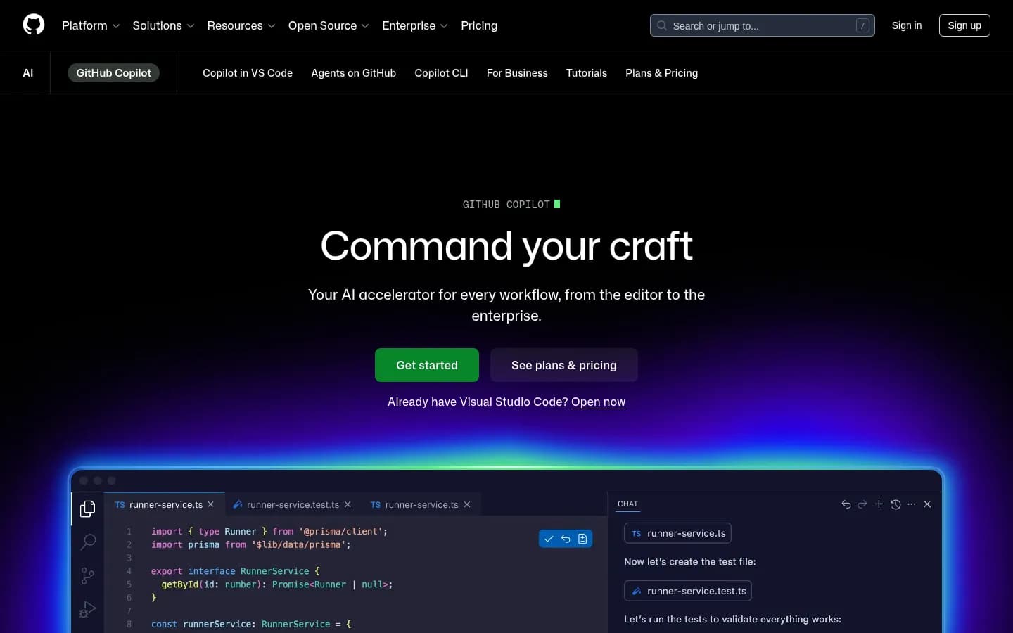 GitHub Copilot landing page — AI pair programmer integrated into VS Code, JetBrains, Neovim, and more
