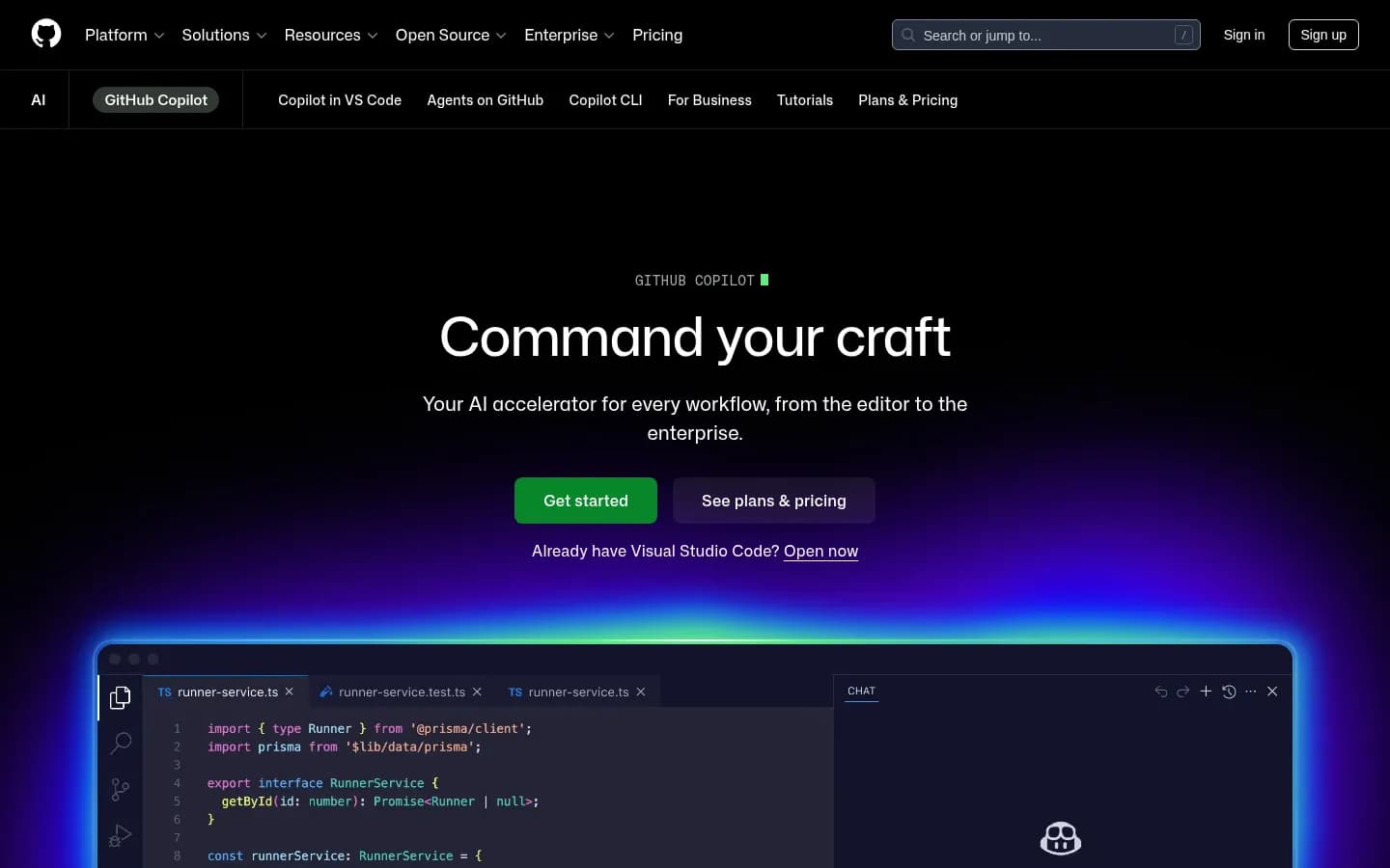 GitHub Copilot landing page — Microsoft's AI coding assistant with deep GitHub integration and 1.8M paid subscribers