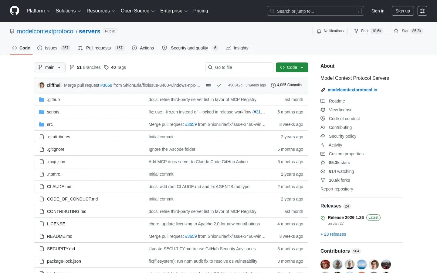 Official MCP reference servers on GitHub (85.3k stars)