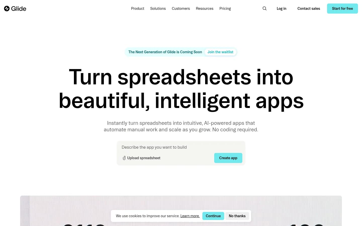 Glide landing page — no-code app builder with Airtable and Google Sheets as data source