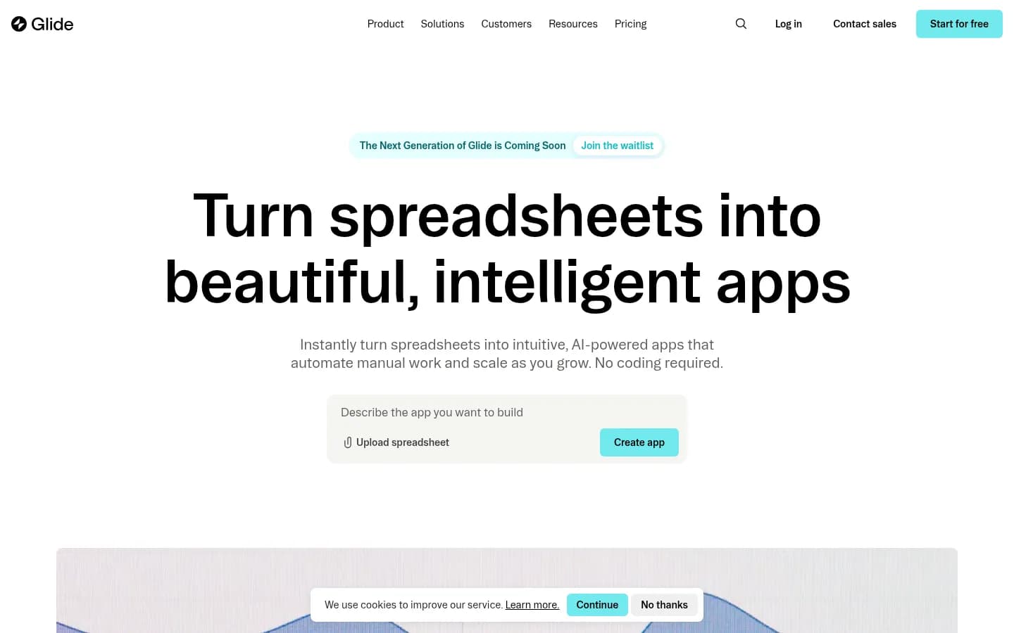 Glide landing page — no-code app builder with Airtable and Google Sheets as data sources and strong mobile output