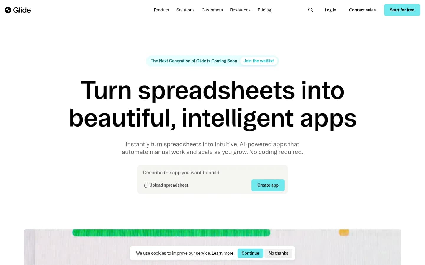 Glide landing page — mobile-first no-code app builder from Google Sheets, Airtable, and Excel