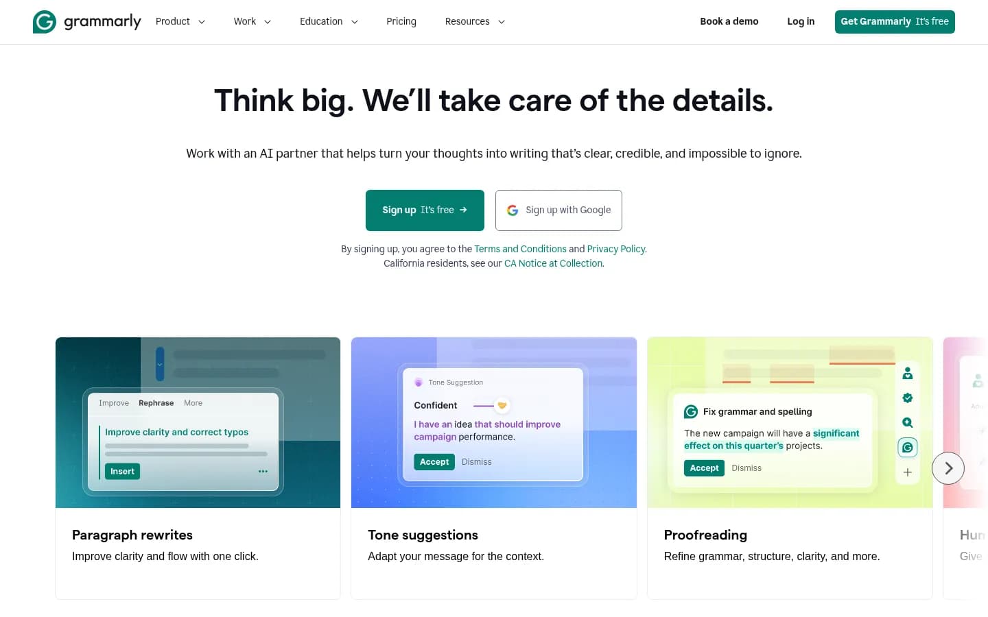 Grammarly landing page — AI writing assistant for grammar, clarity, and tone in professional communication
