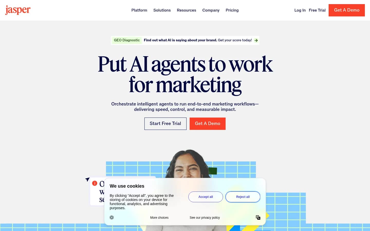 Jasper landing page — AI marketing content platform for campaigns, blog posts, and social media at scale