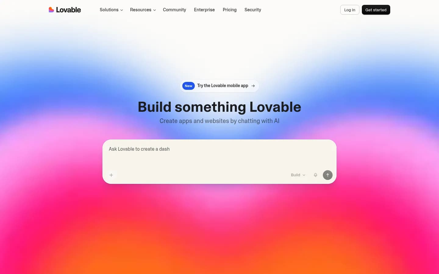 Lovable landing page — AI app builder with chat-first prompt interface