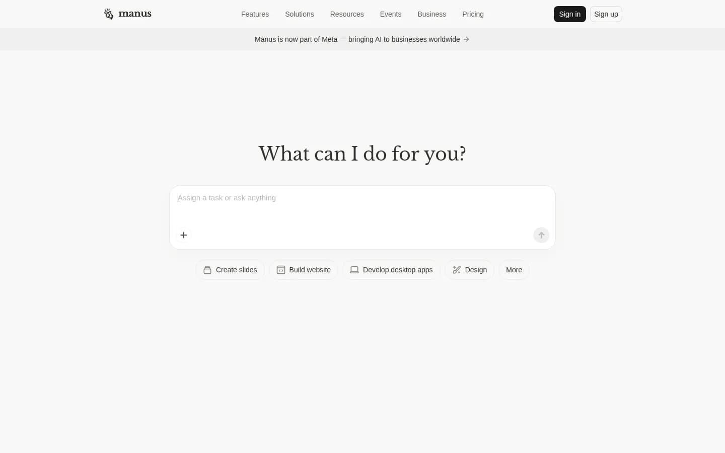 Manus AI landing page — general purpose AI agent, now part of Meta, connecting AI to businesses worldwide