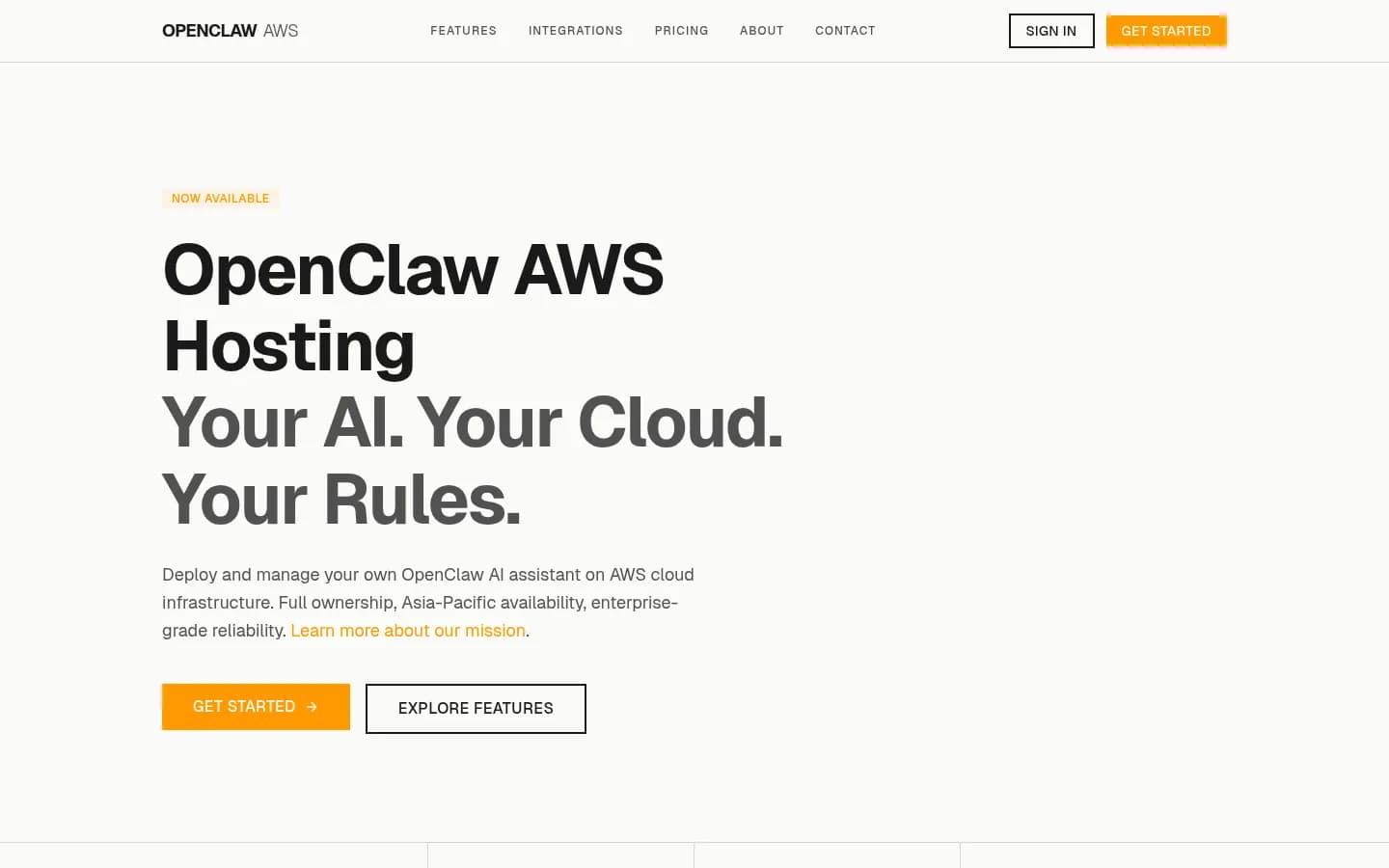 openclawaws.com landing page — AWS-based OpenClaw deployment for APAC and cloud-native teams with full AWS flexibility