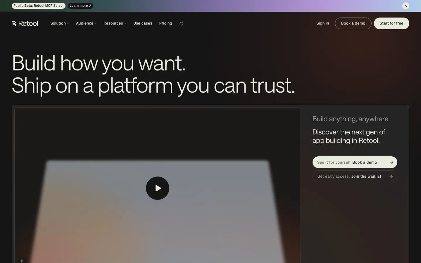 Retool landing page — internal tool builder for engineering teams with deep database and API integration