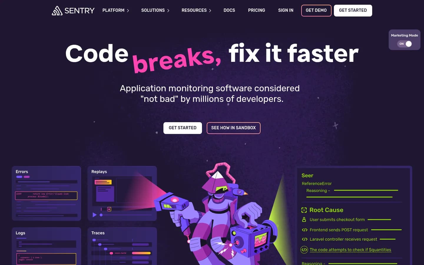 Sentry landing page — official MCP server for pulling error context, stack traces, and release data into Claude Code