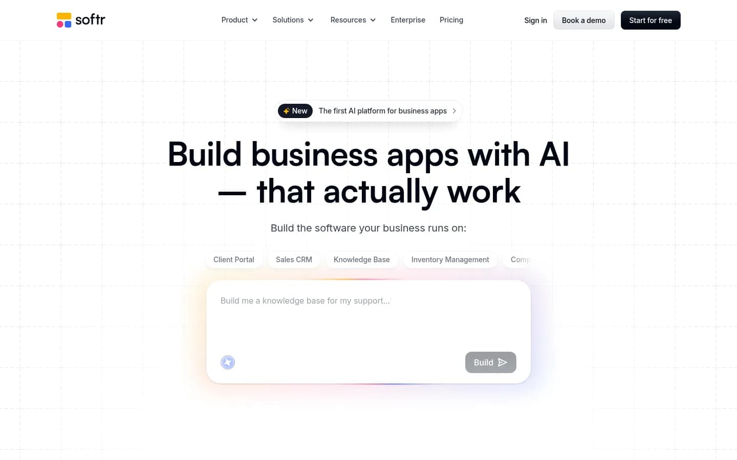 Softr landing page — Airtable-native no-code platform for client portals, directories, and membership sites
