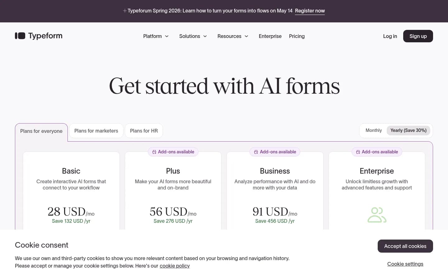 Typeform pricing page — Business plan at $129/month with 10,000 response limit and analytics features gated behind Business tier