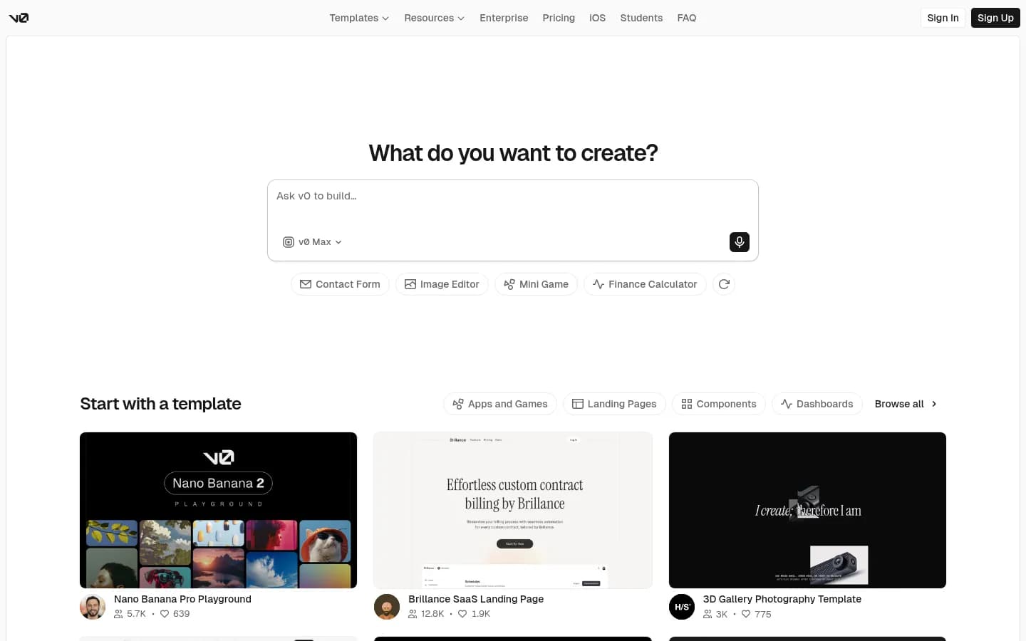 v0 by Vercel homepage — Generate UI with simple text prompts