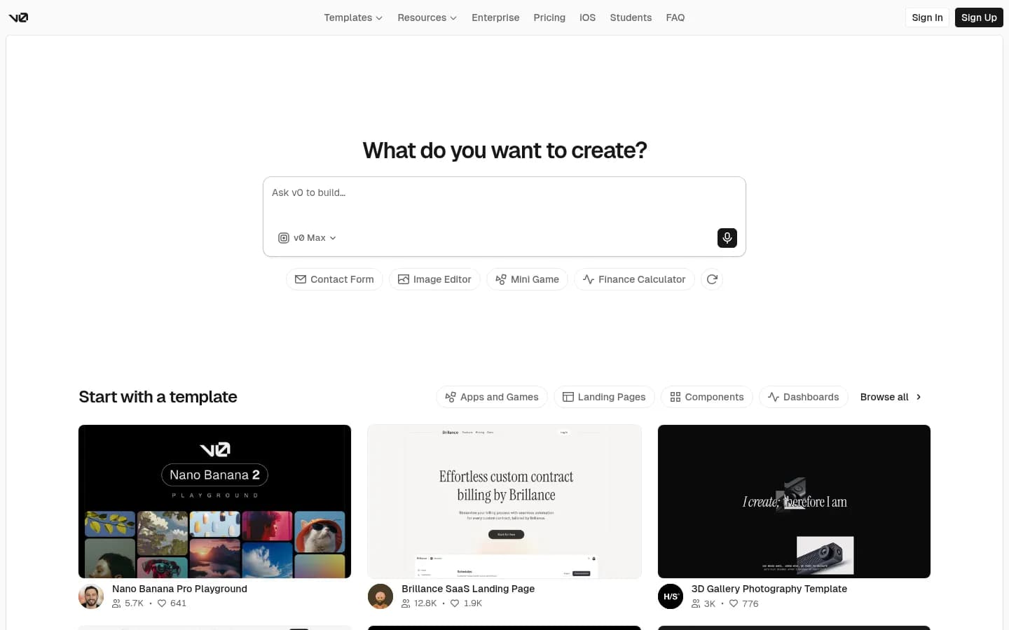 v0 landing page — Vercel's AI UI component generator for React