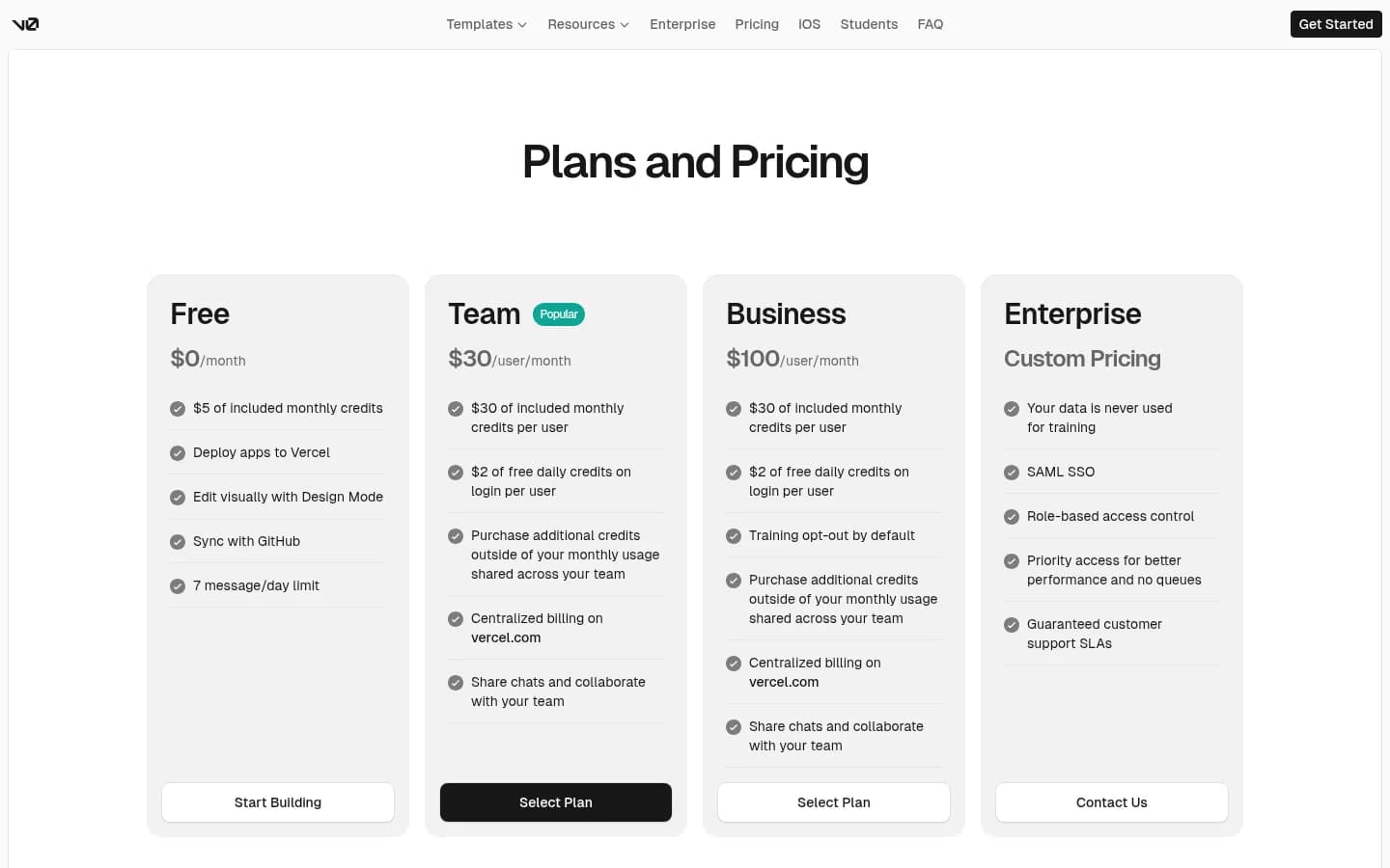 v0 pricing — free tier and paid plans