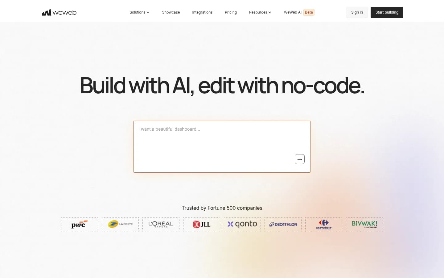 WeWeb landing page — visual no-code editor with AI generation layer and native backend included