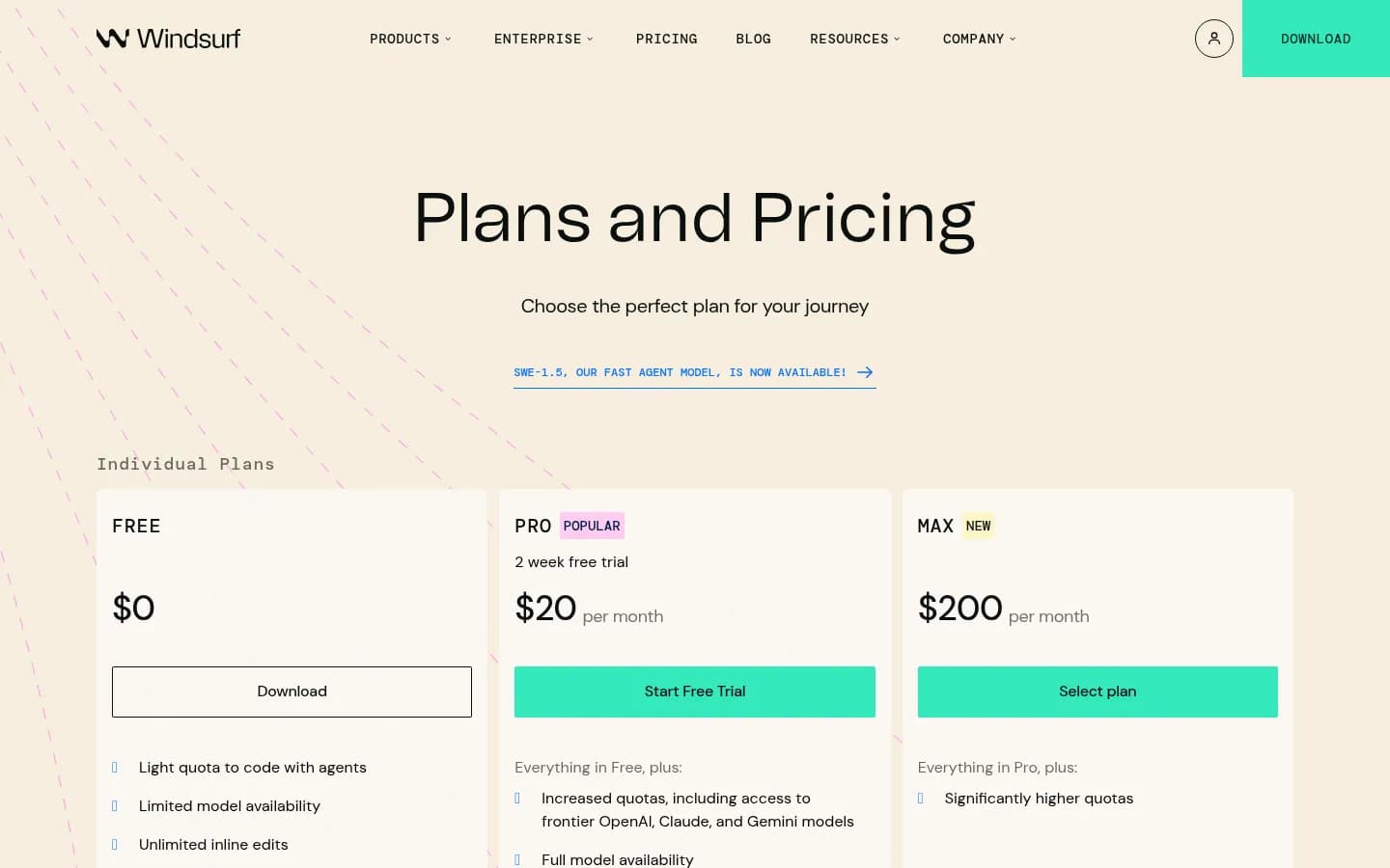 Windsurf pricing page — Free tier, Pro at $20/month, Max at $200/month for heavy users