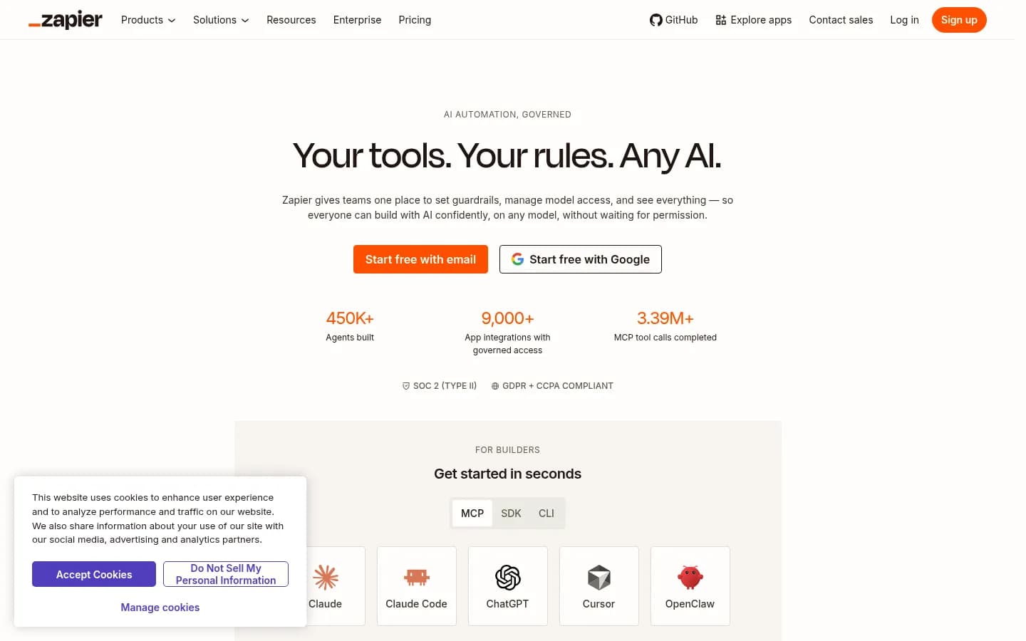 Zapier landing page — workflow automation connecting 7,000+ apps without code