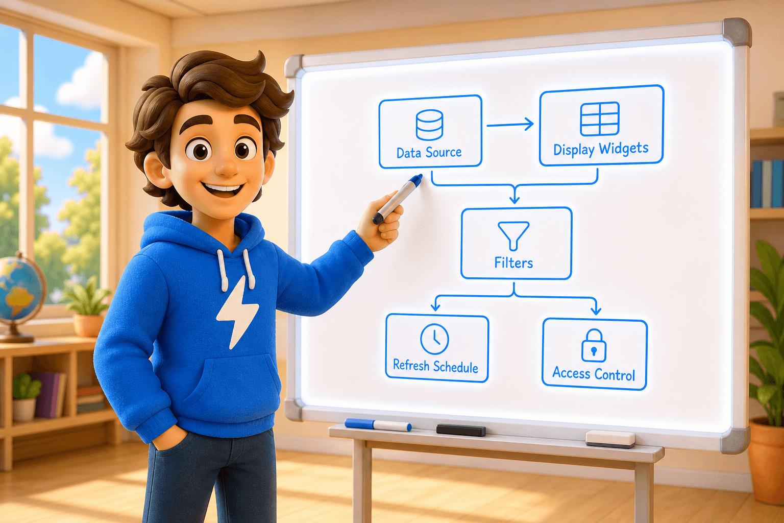 Character at whiteboard showing the 5 core dashboard components: data source, widgets, filters, refresh schedule, access control