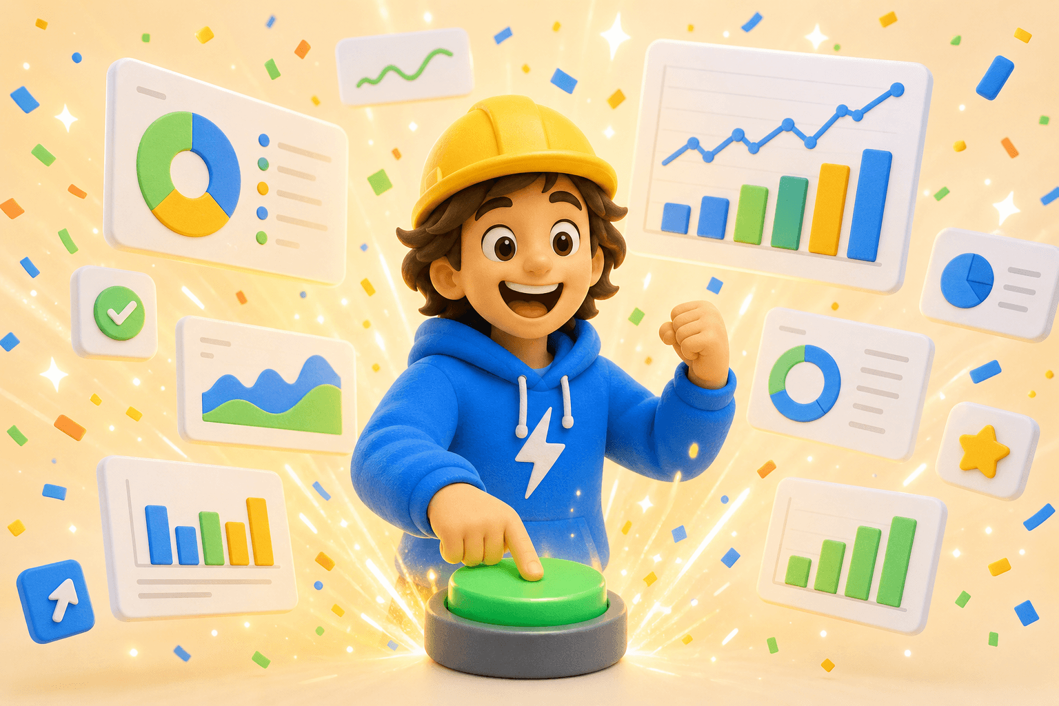 Character pressing a glowing DEPLOY button as a complete business dashboard materializes around them