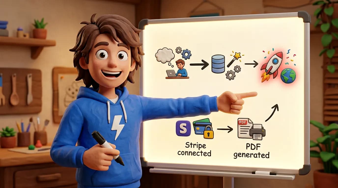 The five-step flow from describing your invoice app to having a live tool with payments and PDF export