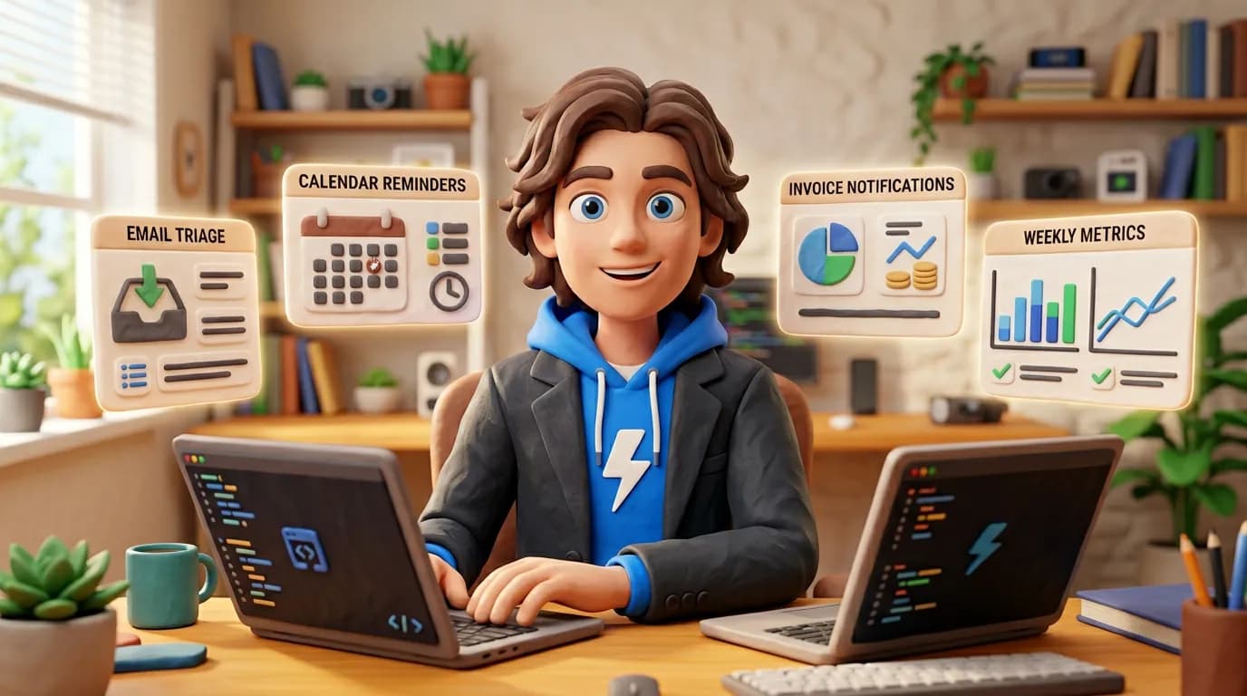 The solopreneur's OpenClaw dashboard — inbox triage, calendar reminders, invoices, and weekly reports running simultaneously without human intervention