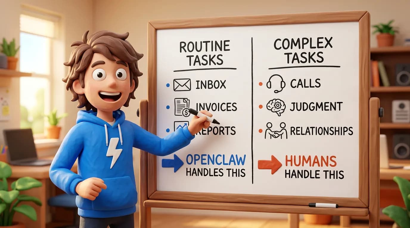 The honest task split — OpenClaw automates rule-based work, humans handle judgment calls and relationship tasks