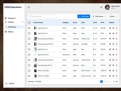A custom admin panel showing data tables with edit/delete actions and sidebar navigation
