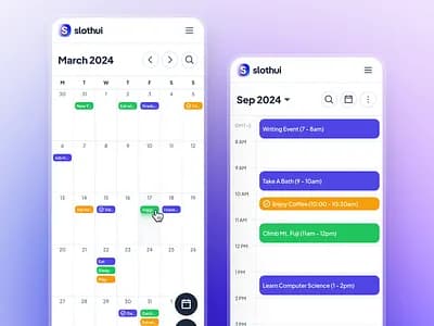 A complete scheduling app interface showing calendar view and booking flow