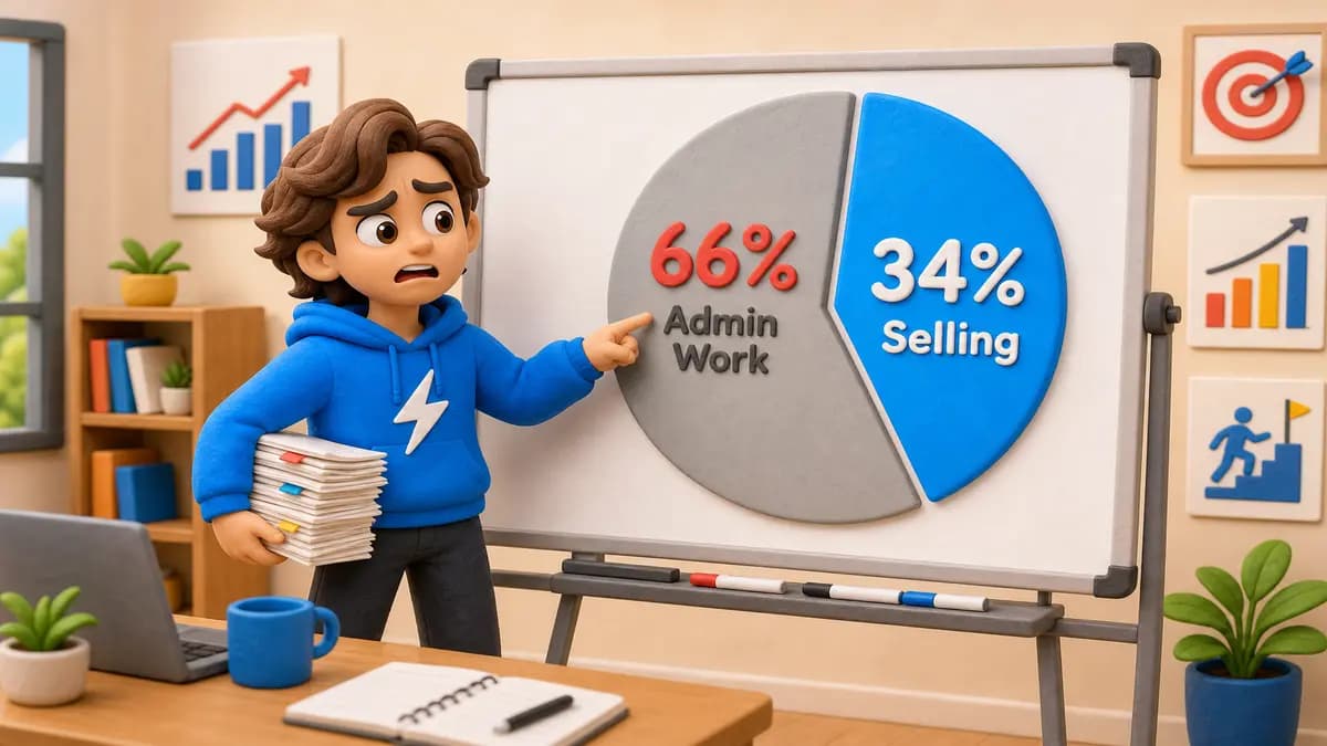 Sales rep admin work vs actual selling time — 66% goes to admin, 34% to selling