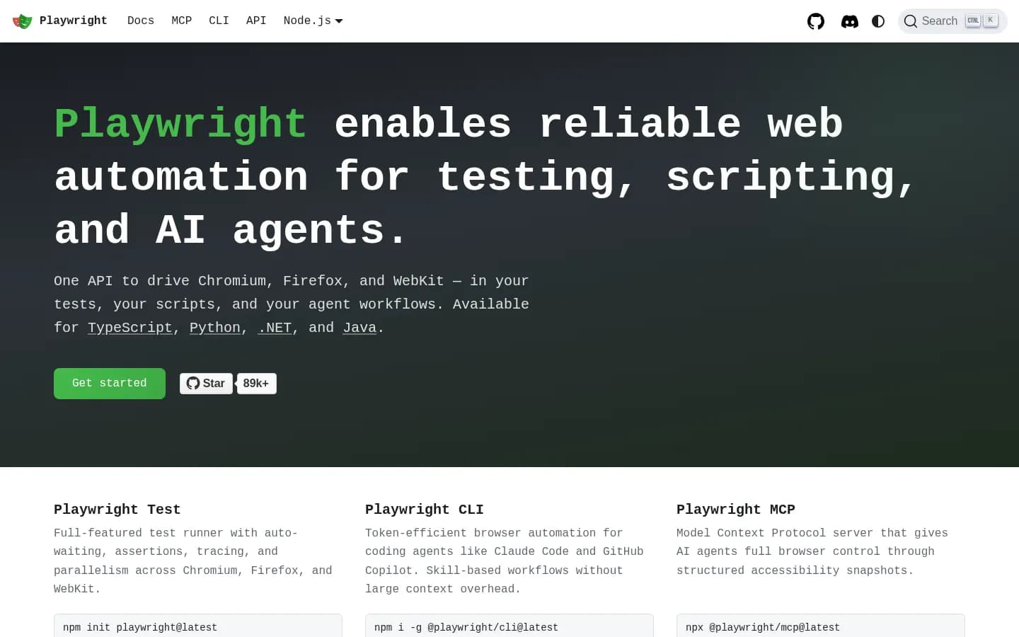 Playwright landing page — browser automation MCP server for testing and verification in Claude Code